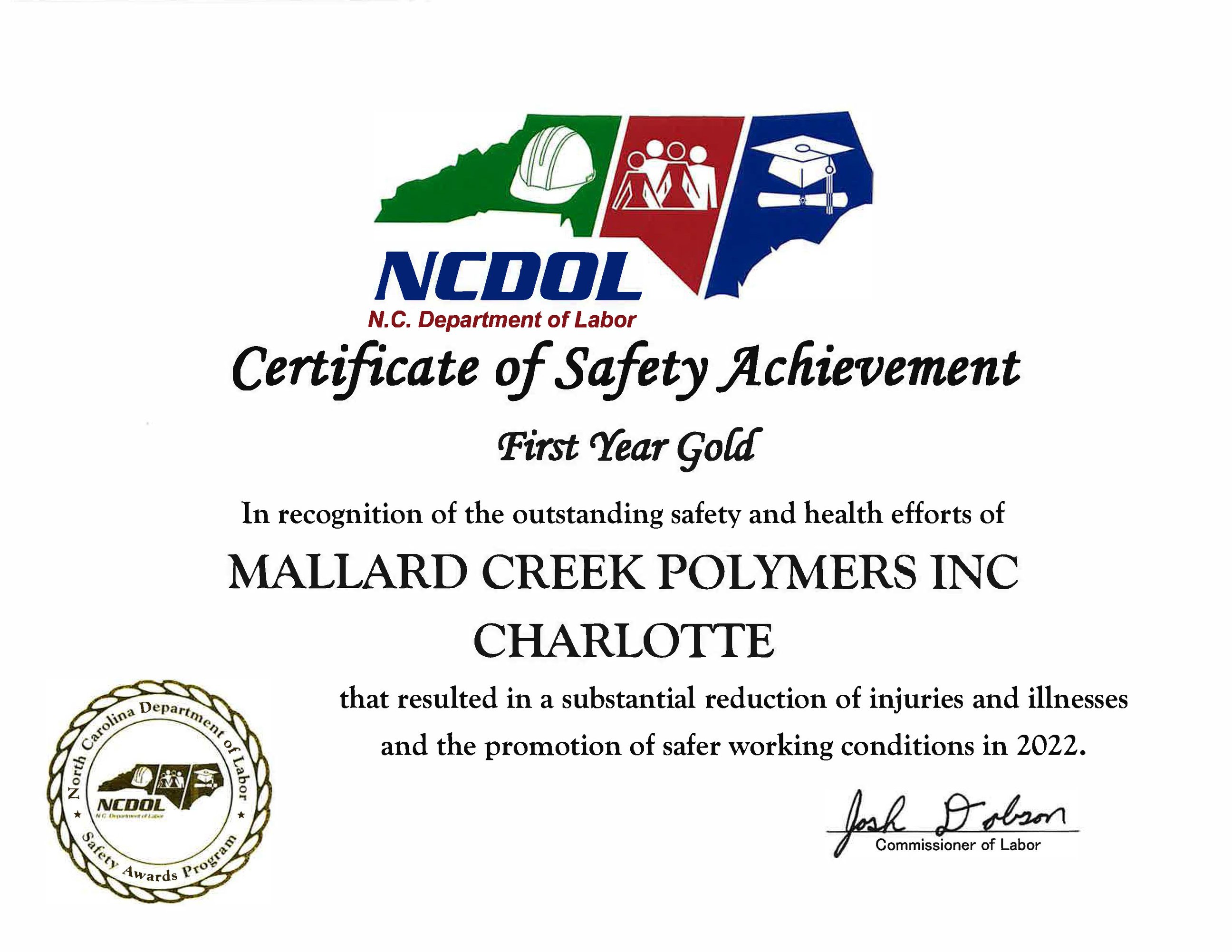 MCP Has Received the Certificate of Safety Achievement from NCDOL